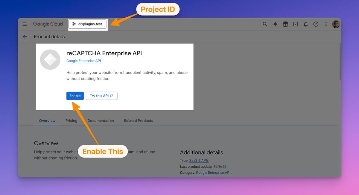 reCAPTCHA Enterprise: Retrieve Project ID and Keys